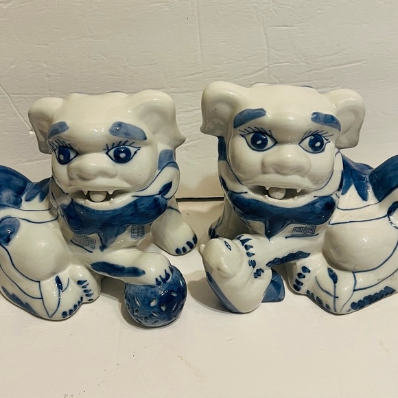 Accents | Vintage Blue White Porcelain Foo Dogs Statues | Poshmark